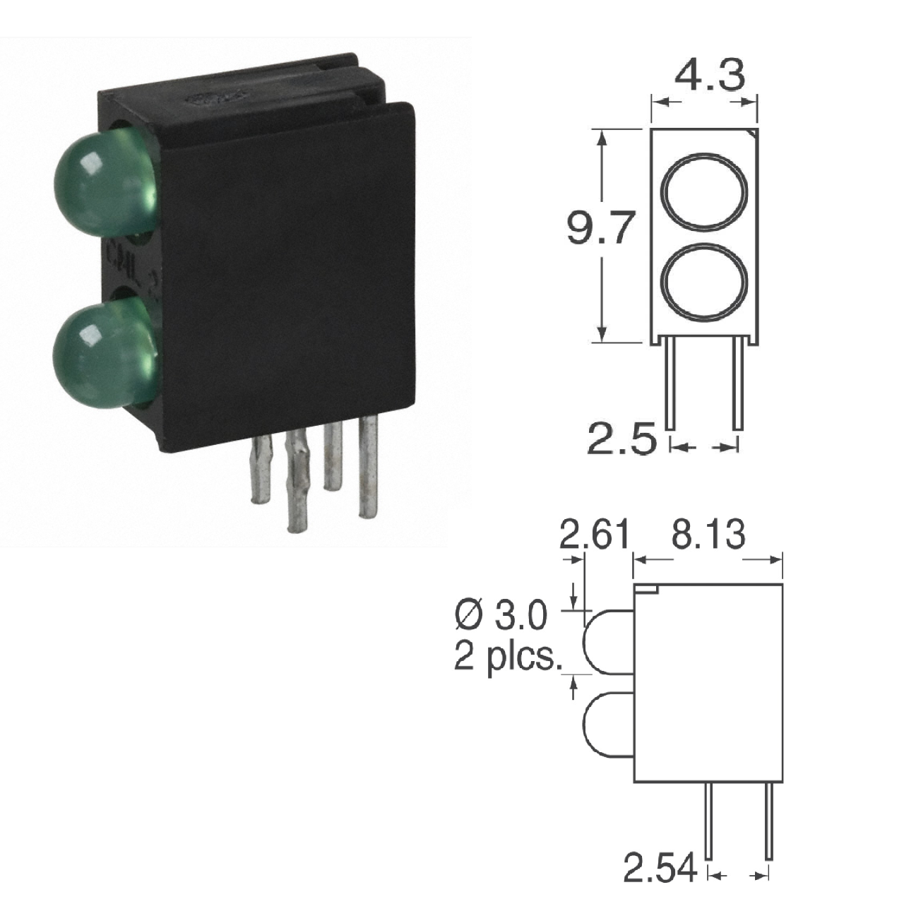 10 PCS VCC LED 3MM BI-LEVEL GREEN Right Angle PCB LED Circuit Board ...