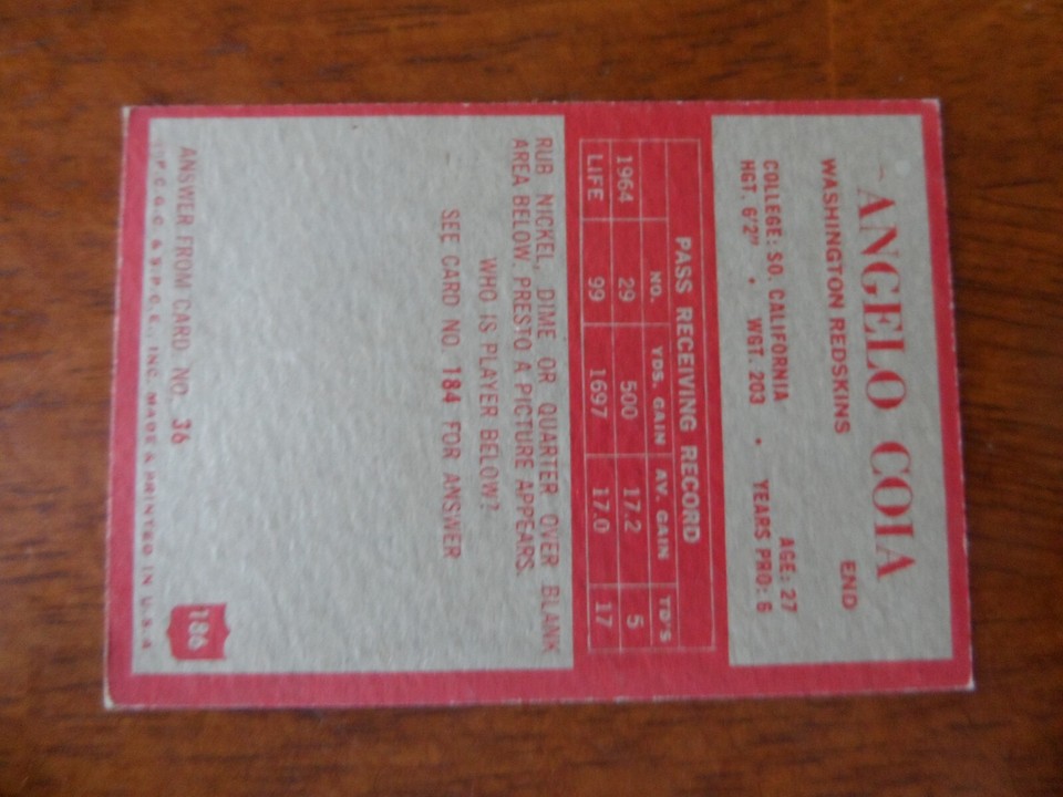 1965 PHILADELPHIA FOOTBALL #186 ANGELO COIA WASHINGTON REDSKINS EX A ...