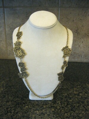 ANN TAYLOR Antique Gold Tone Asymmetric Chain 30” Necklace w/ Flower ...