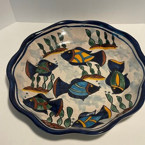Mexican Moctezuma Talavera Pottery Bowl Hand Painted Fluted Edge Fish ...