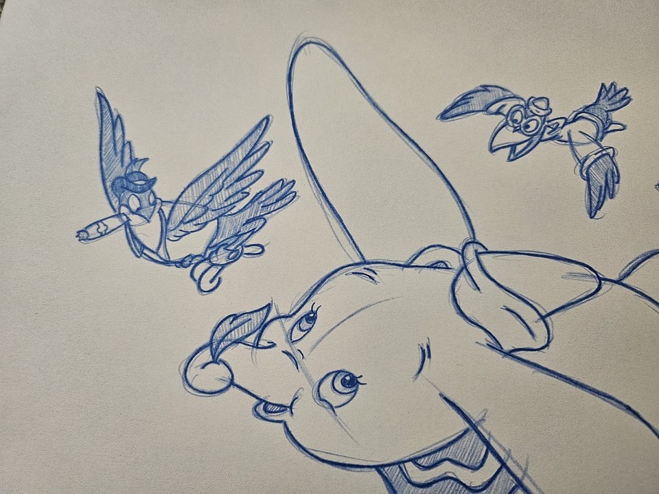 Disney Dumbo flying with Crows Drawing/Sketch Animation Art Handmade ...
