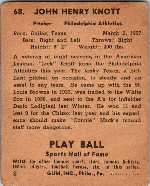 1941 Play Ball #68 Jack Knott Baseball Card 3O | eBay