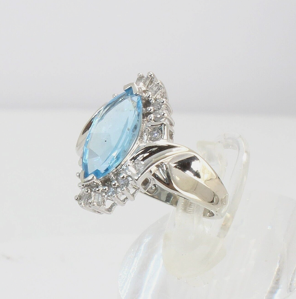 Solid 10k White Gold 18 Diamonds & Blue 1.5ct Marquise Topez Vintage ...