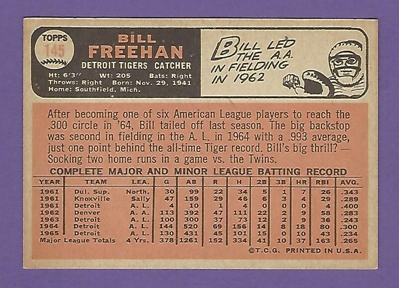 1966 Topps - #145 Bill Freehan - Detroit Tigers - ExMt CENTERED (rj) | eBay