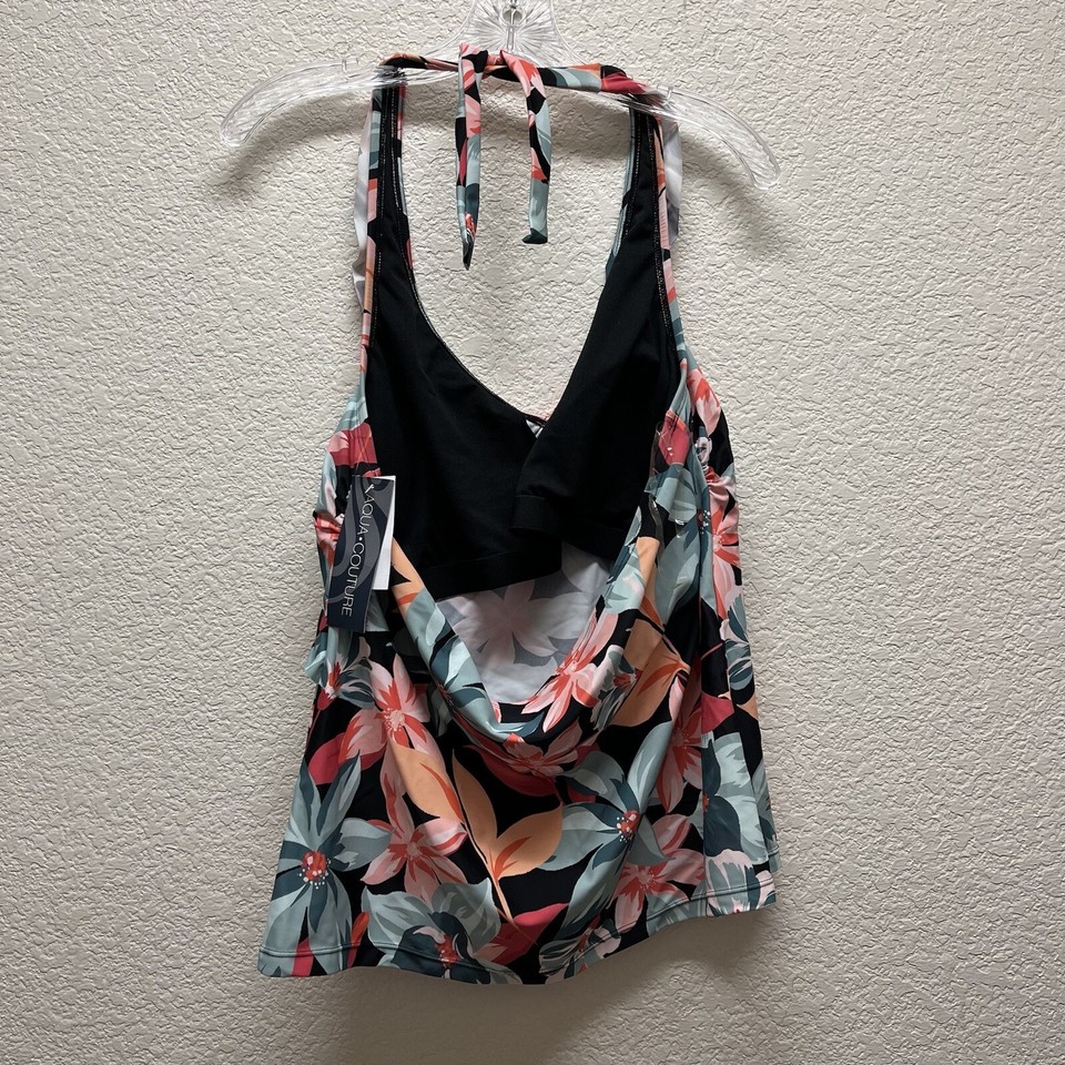 Aqua Couture Women XL Black Multi Floral Ruffle Halter Tankini Swim ...