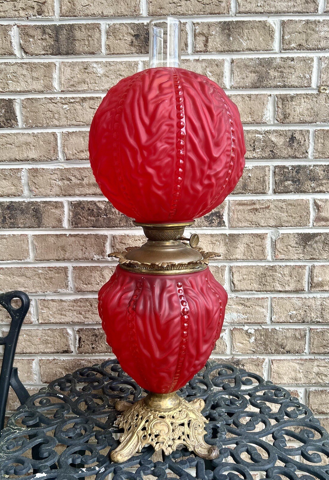 Pittsburgh Lamp Red Beaded Drape Satin Glass GWTW Oil Lamp Not ...
