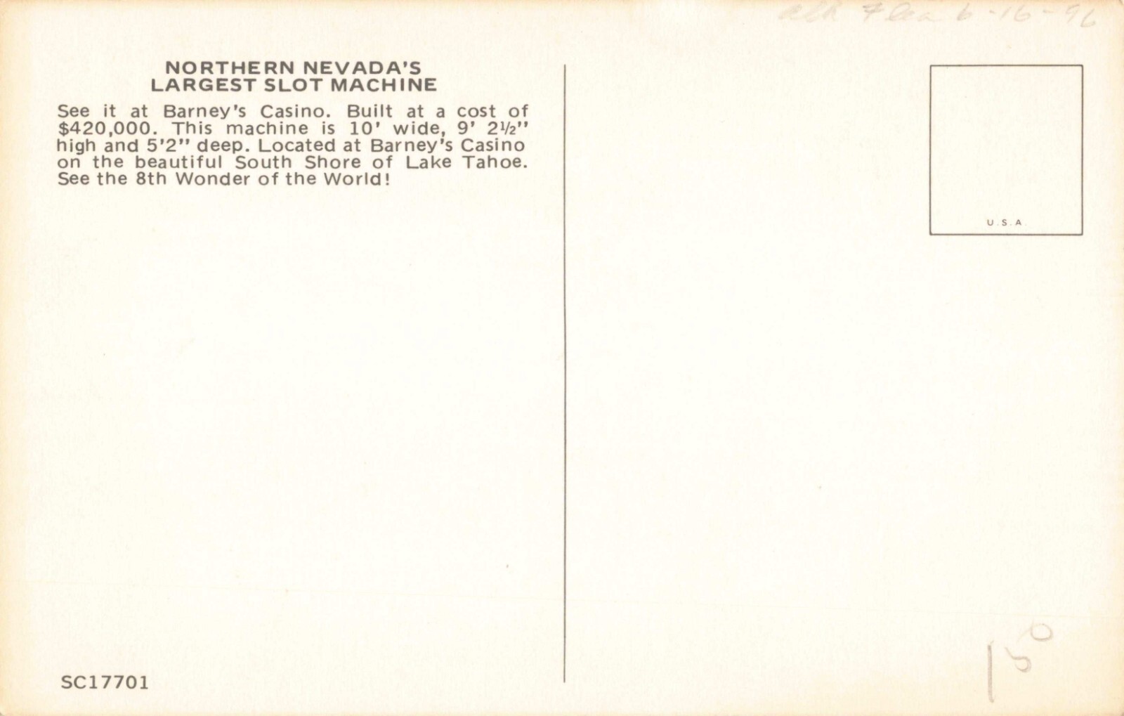 Postcard Barney's Slot Machine Northern Nevada Largest South Shore Lake ...