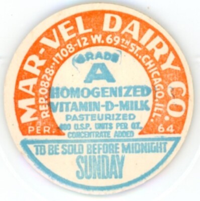 Milk Bottle Cap Insert - Mar-Vel Dairy Co. - Chicago, Illinois, IL ...