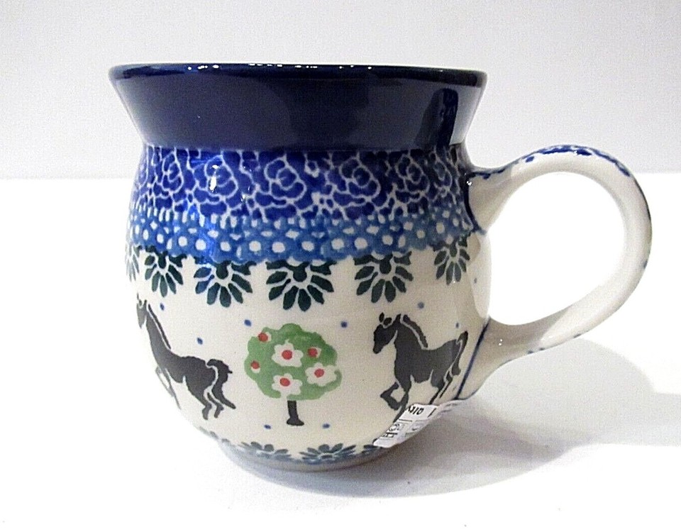 Kaffeebecher Tasse Kugelbecher 0,35l Bunzlauer Keramik, PFERDE KATZEN ...