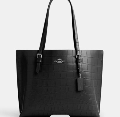 Coach Mollie 25 Womens Black/ Silver Croc Leather CW017 Zipper Tote Bag ...