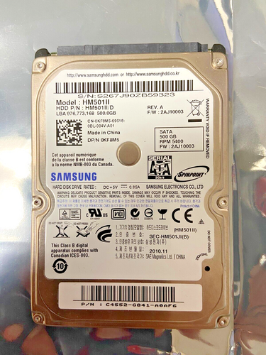 Samsung HM501II/D SPINPOINT P/N: C4552-G841-A0AF6 F/W: 2AJ10003 500GB ...