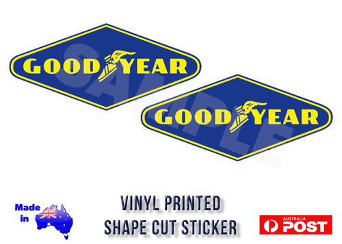 2 x Goodyear Yellow Blue Repro 100mm Long Vinyl Print Sticker Decal ...