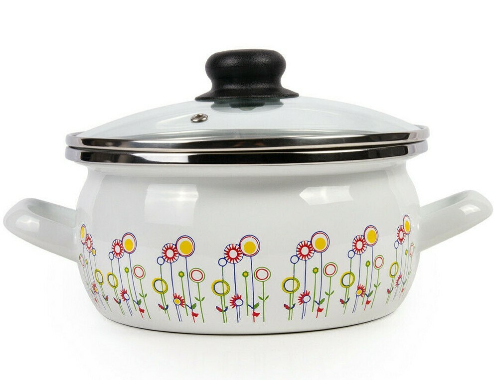 White Floral Pattern Enameled Stockpot with Lid. Durable Enamelware ...