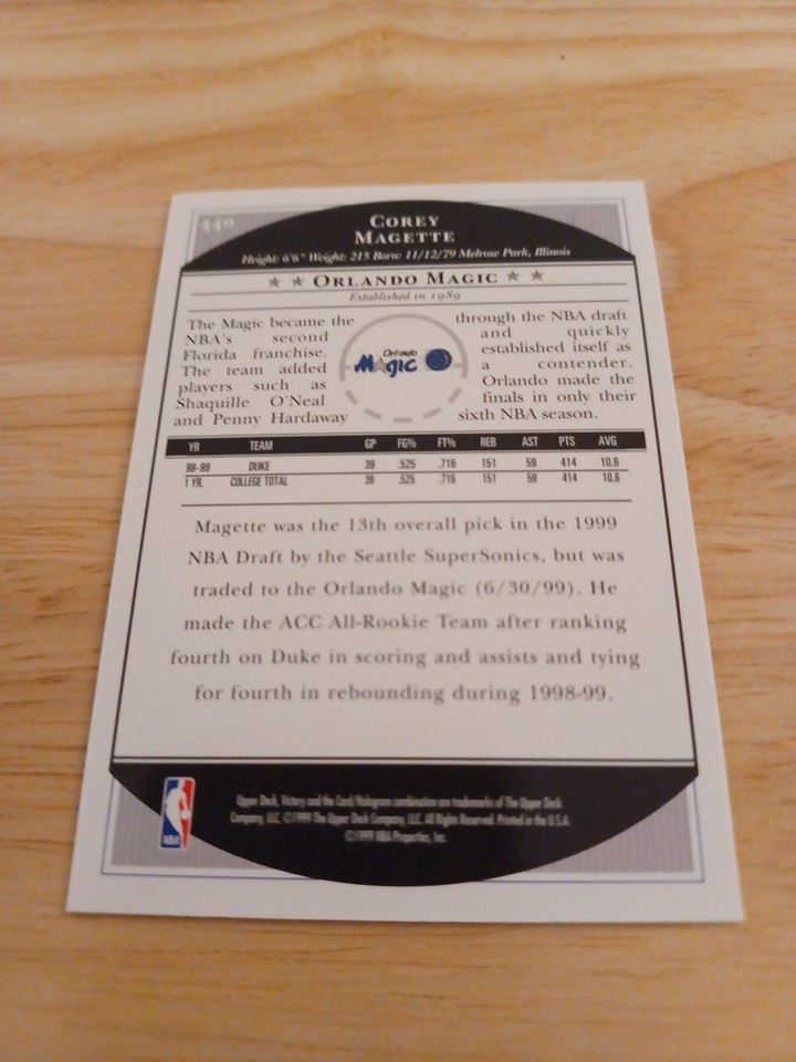 1999-00 Upper Deck Victory Magic Basketball Card #440 Corey Maggette ...