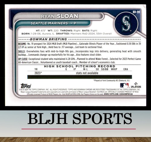 2024 Bowman Draft #BD-99 Ryan Sloan Seattle Mariners RC (2I0) | eBay