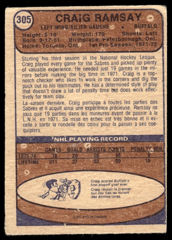 1974-75 O-Pee-Chee VTG OPC Hockey Craig Ramsay Buffalo Sabres #305 | eBay
