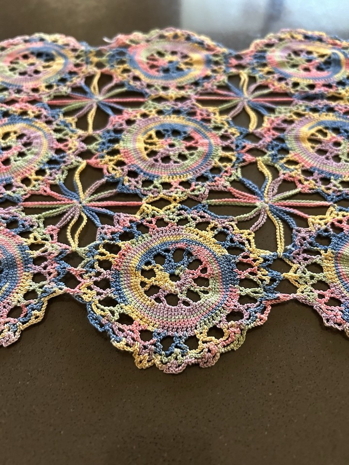 Vintage Hand Made Crochet Doilie Runner Delicate Pastel Rainbow 9.5x24 ...
