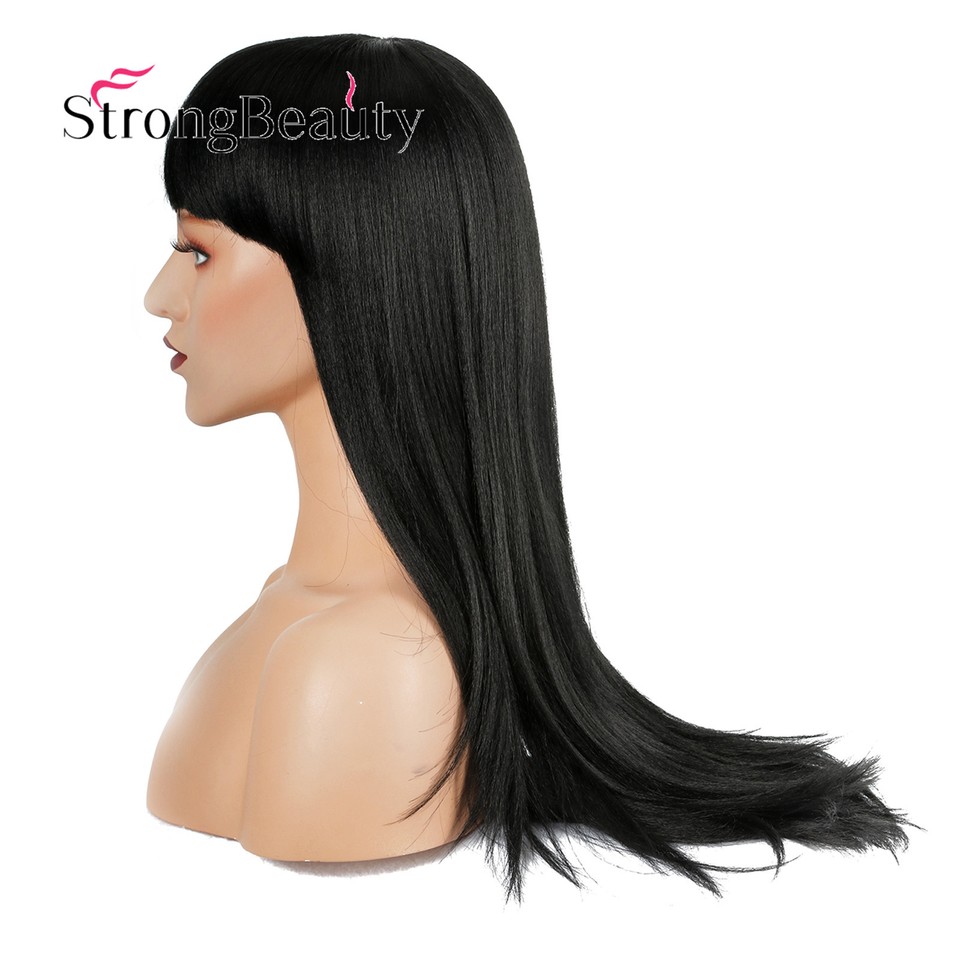 Yaki Straight Long Wig With Flat Bang Natural Synthetic Wigs Black ...