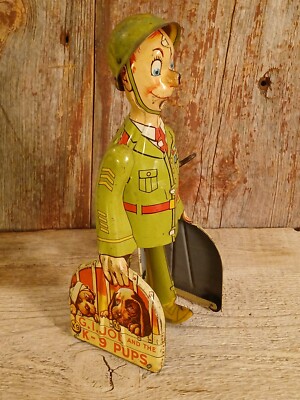 Vintage Unique Arts G.I. Joe & K-9 Pups Tin Litho. Wind-up Toy Soldier ...