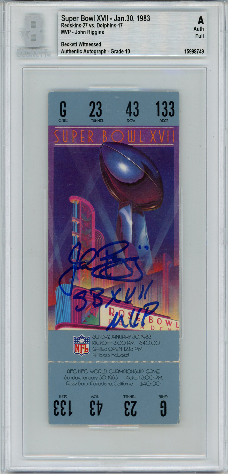 John Riggins Autographed Signed Super Bowl Xvii Full Ticket Sb MVP ...