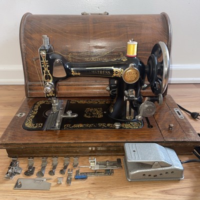 Antique Sewing Machine Eaton Seamstress With Attachments And Case Work ...