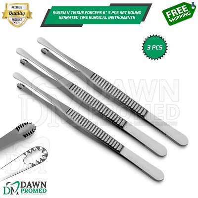 Russian Tissue Forceps 6" 3 Pcs Set Round Serrated Tips Surgical Inst ...