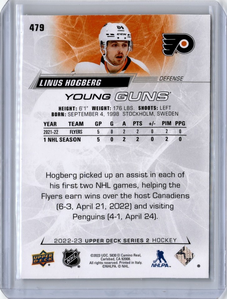 2022-23 UD Series 2 Base Young Guns #479 Linus Hogberg Philadelphia ...