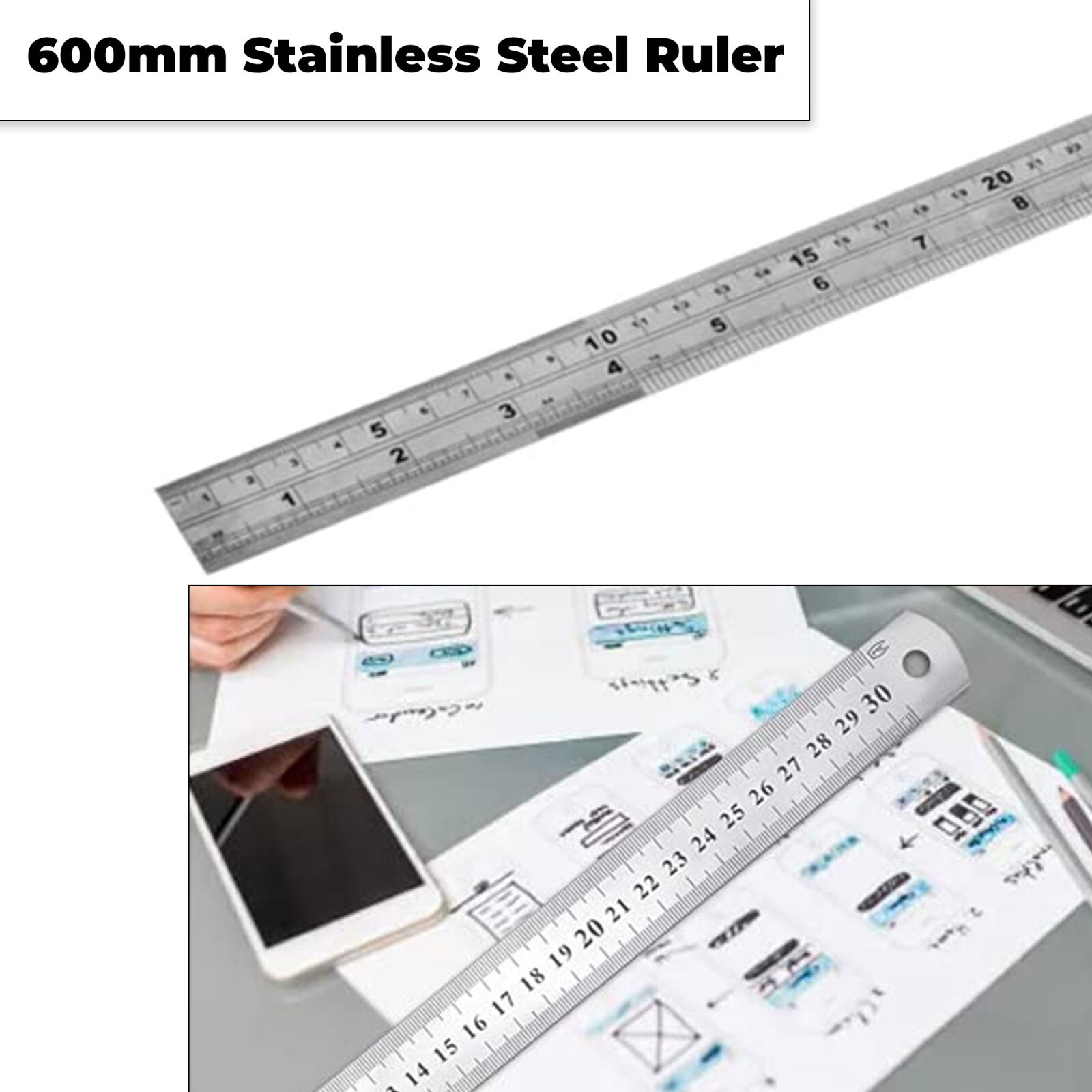Stainless Steel Ruler Metric & Imperial 24" 60cm 600mm Engineers Ruler ...