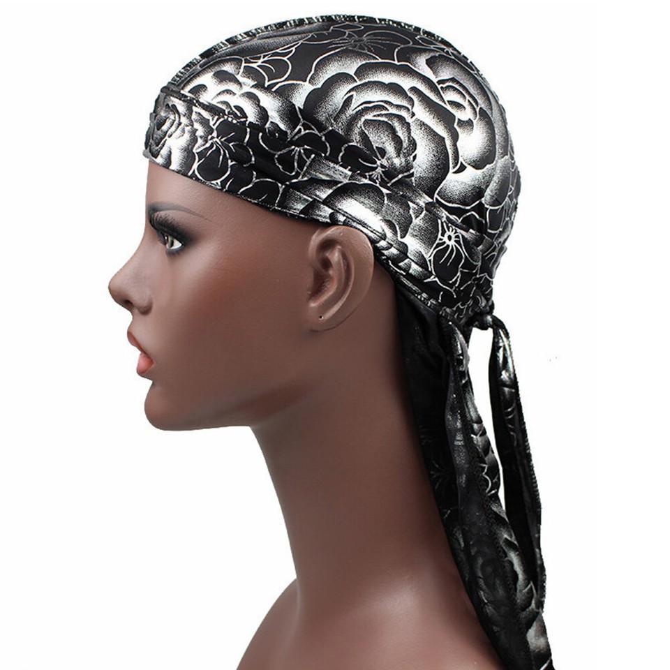 Men Women Silky Durag Turban Hat Bandanas Rose Floral Print Satin Long ...