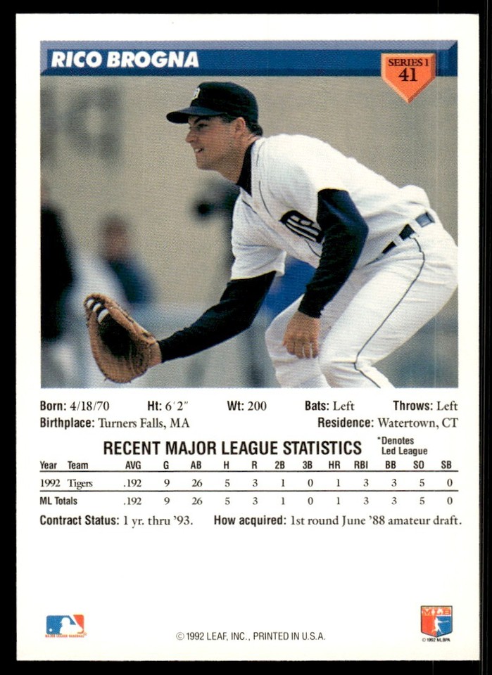 1993 Donruss Baseball Card Rico Brogna Detroit Tigers #41 | eBay