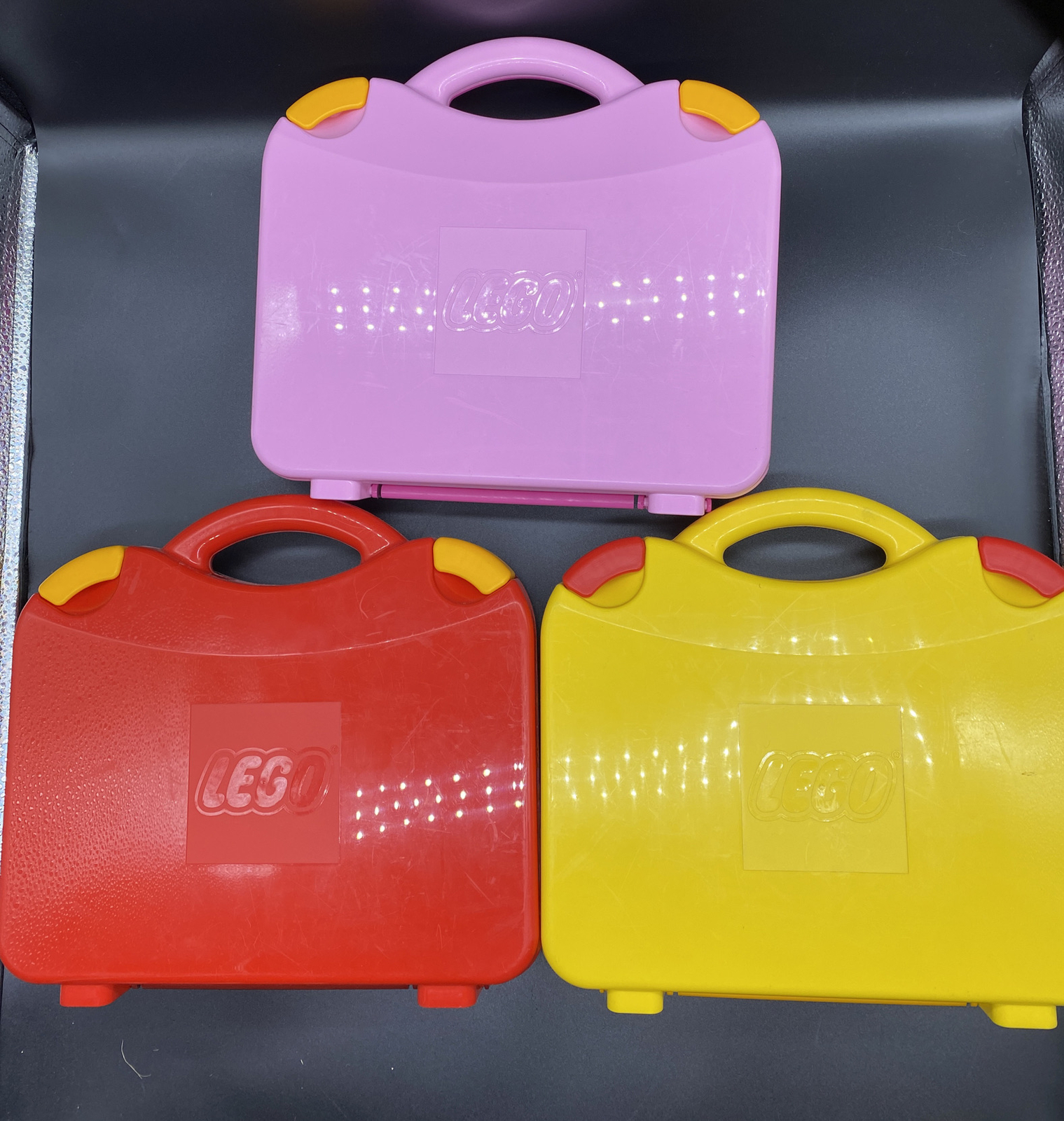 Lot Of 3 2012 Lego Carrying Case Briefcase Yellow Red Pink Plastic ...