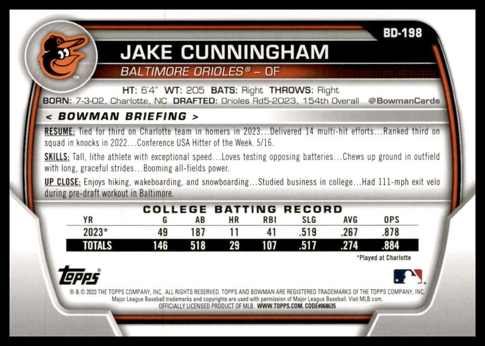 2023 Bowman Draft Jake Cunningham #BD-198 Baltimore Orioles | eBay