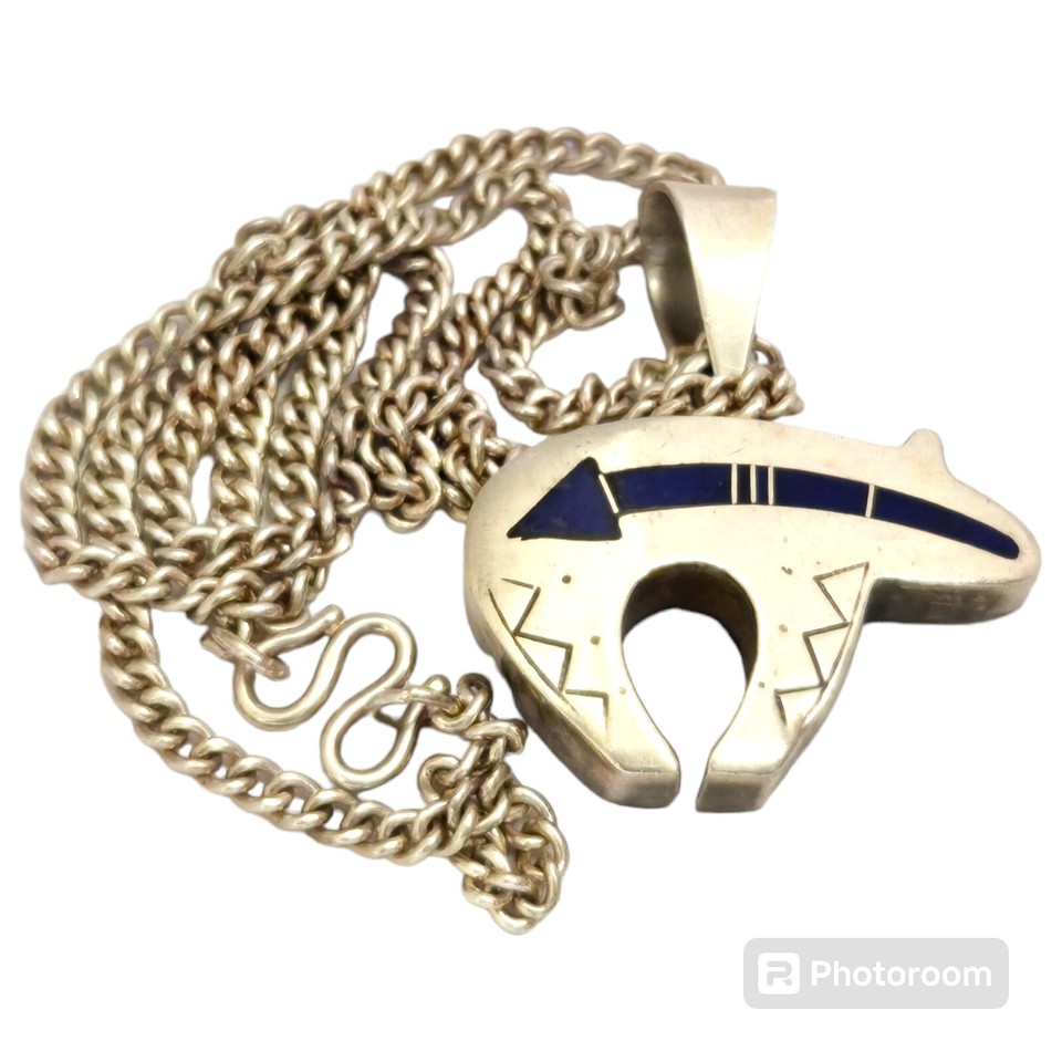 Ray Tracey Navajo inlay Bear pendant with Lapis Lazuli Pendant Necklace ...