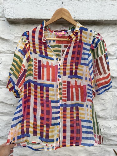 THML Geometric Pattern Shirt Women’s Multicolor Blouse Puff Sleeve | eBay