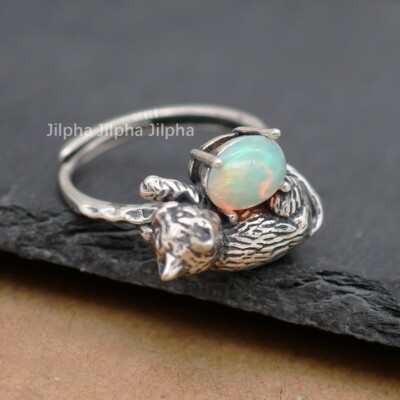 Lazy Cat Ring Sterling Silver 925 Genuine Opal Adjustable A3012 | eBay