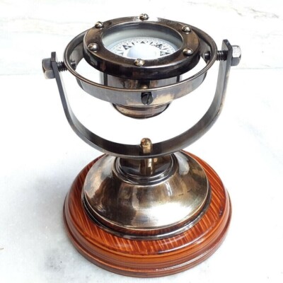 Antique Brass Gimble Compass - Nautical Marine Wooden Base Compass | eBay