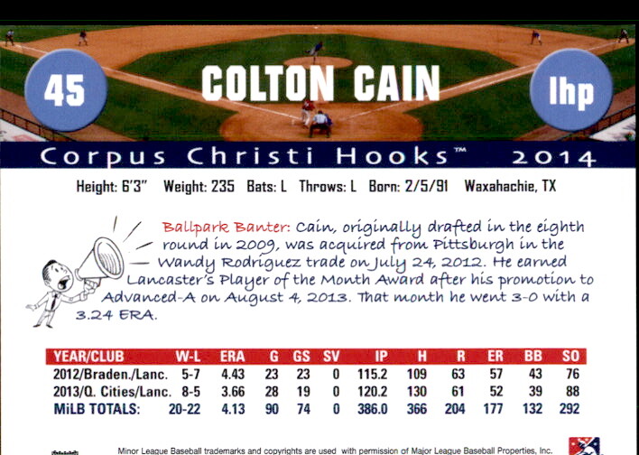 2014 Corpus Christi Hooks Grandstand #6 Colton Cain Waxahachie Texas TX ...