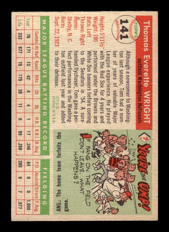 1955 Topps Baseball #141 Tom Wright Excellent Washington Senators | eBay