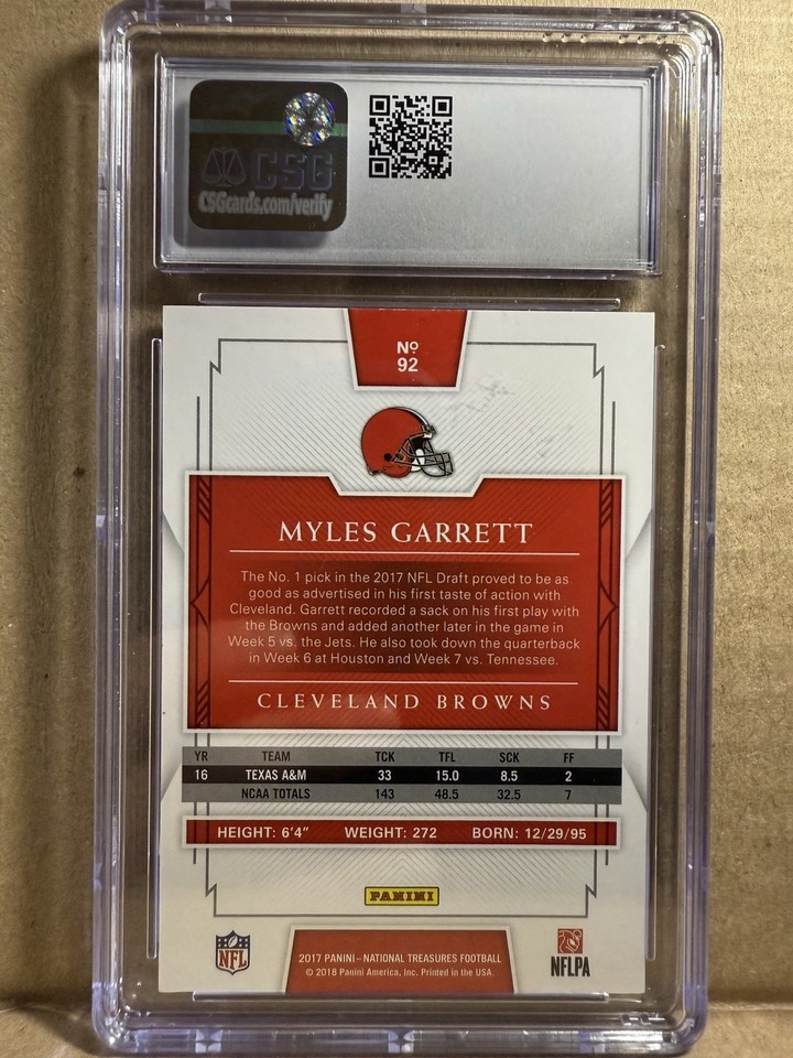 MYLES GARRETT 2017 PANINI NATIONAL TREASURES RED JERSEY NUMBER RC /95 ...