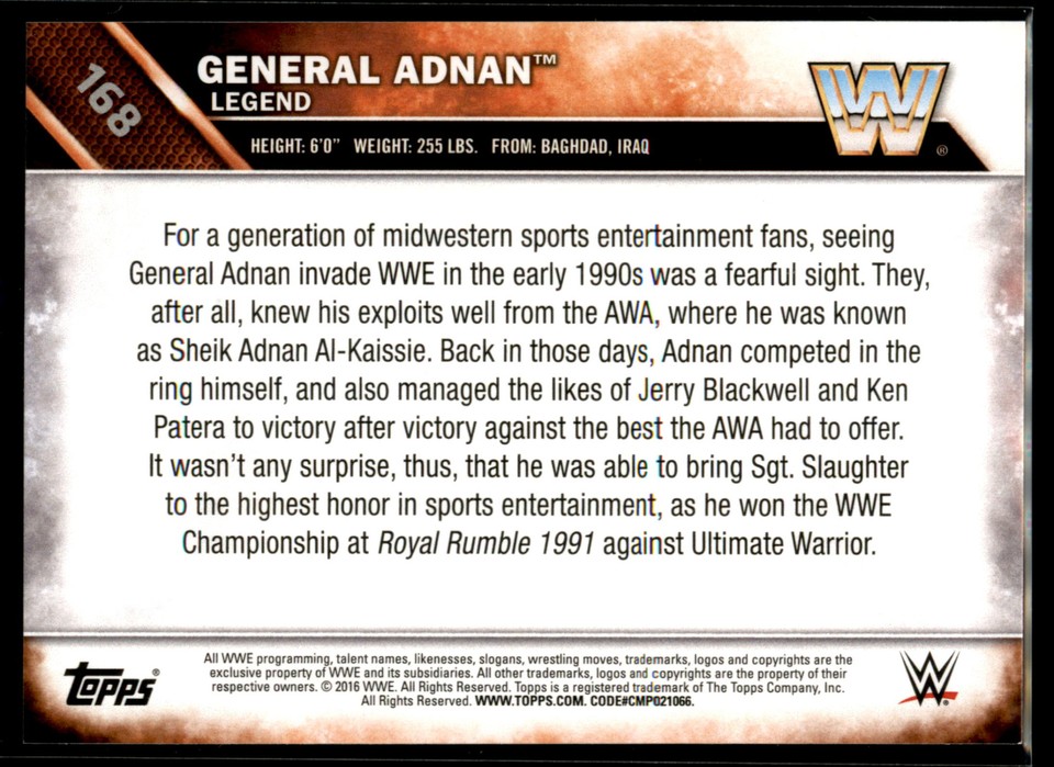 2016 Topps Then Now Forever WWE Wrestling BRONZE #168 General Adnan | eBay