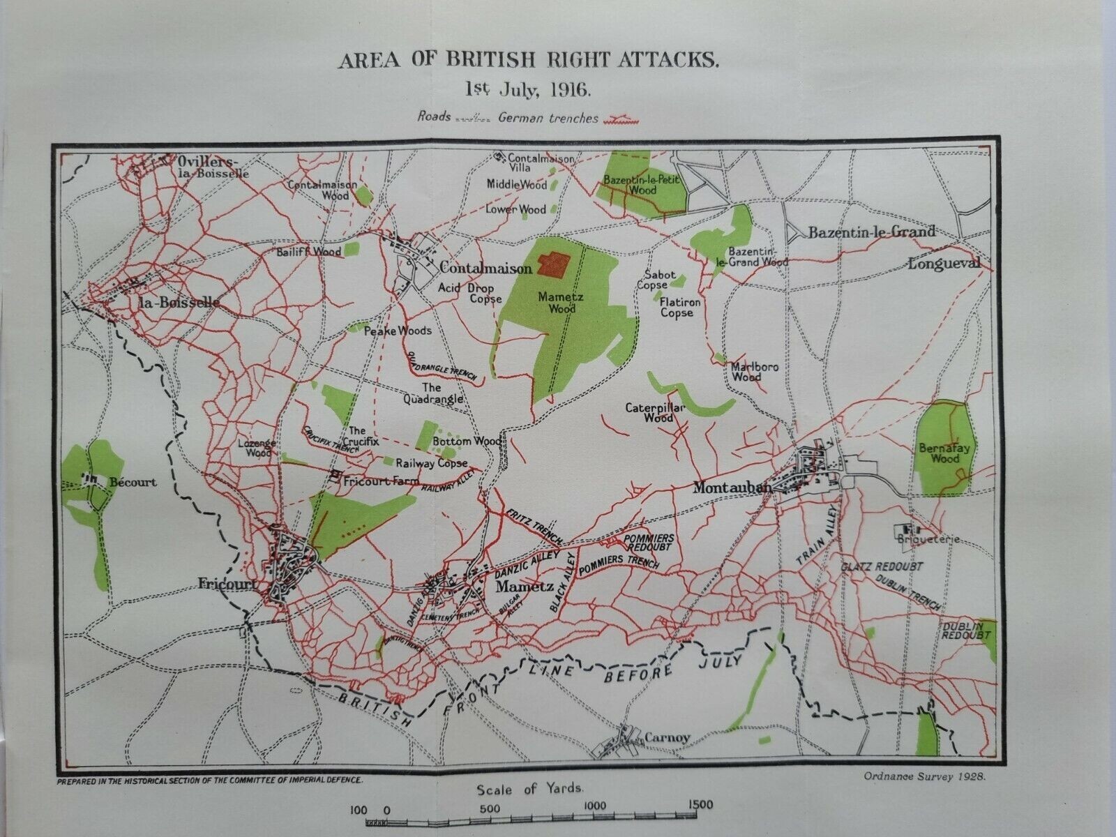 WW1 MAP AREA OF BRITISH RIGHT ATTAKS 1st JULY 1916 GERMAN TRENCHES ...