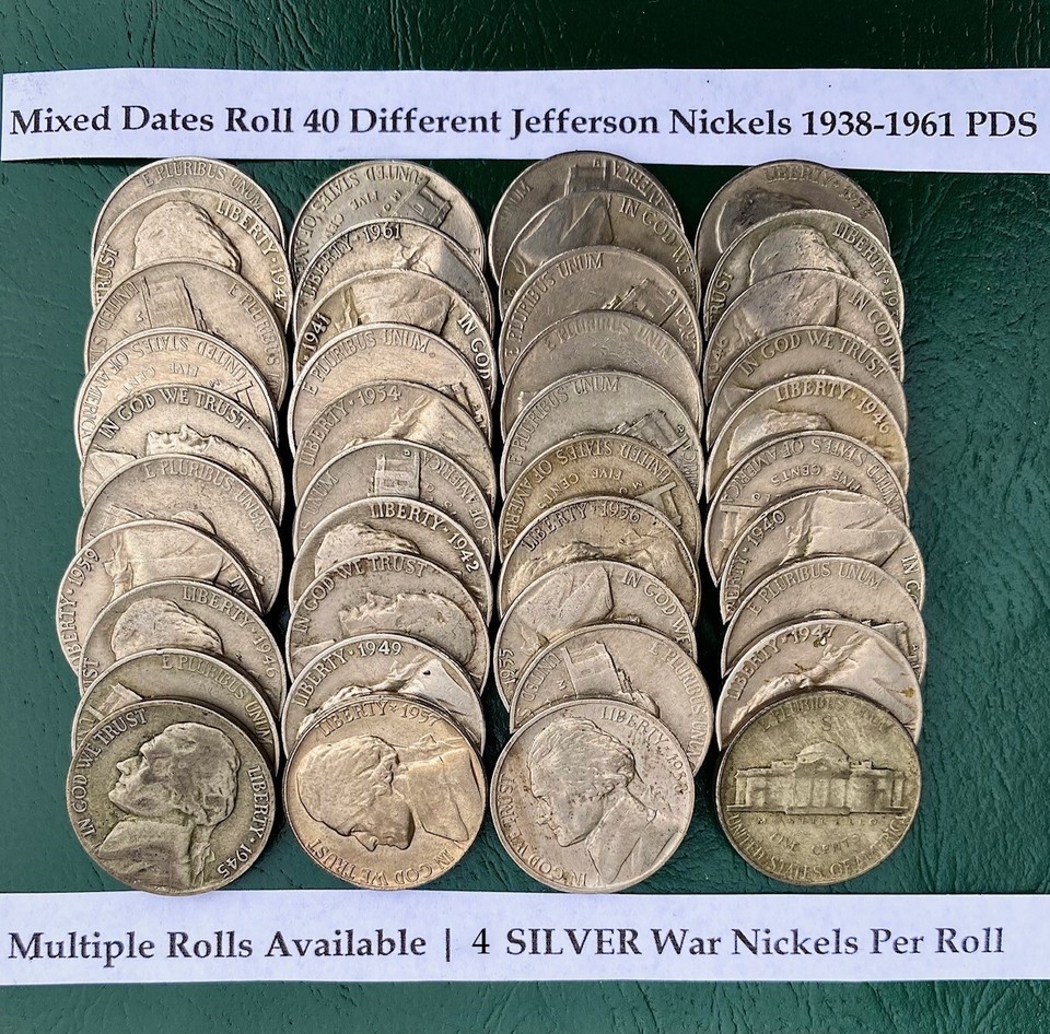 40 DIFFERENT Jefferson Nickels 1938-1961 w/FOUR Silver War Nickels ...