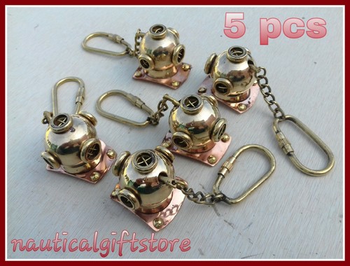 Lot of 5 PCs Solid Brass Mini Maritime Scuba Diving Divers Helmet key ...