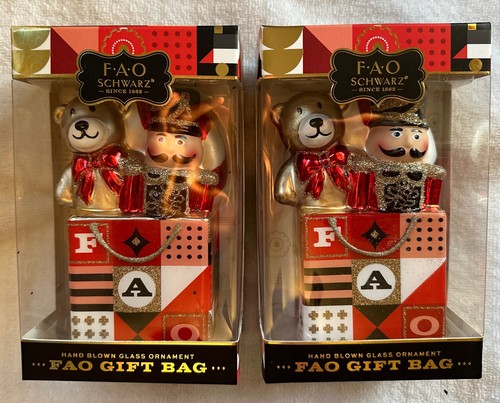 2 FAO Schwarz Toy Soldier & Bear Gift Bag Christmas Ornament Blown ...