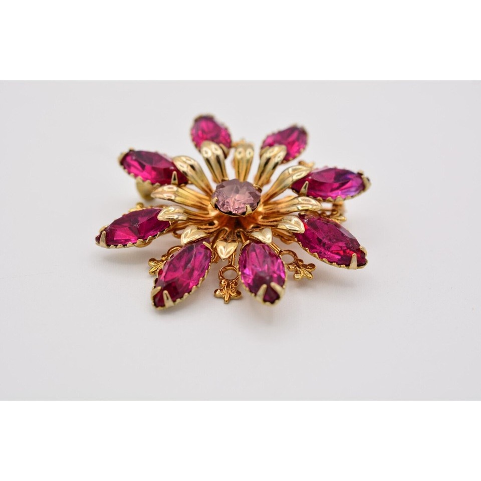 Vintage Crystal Flower Pin Brooch Magenta Marquise Rhinestone Prong ...