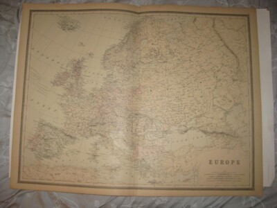 HUGE GORGEOUS ANTIQUE 1887 EUROPE HANDCOLORED MAP RUSSIA GERMANY FRANCE ...
