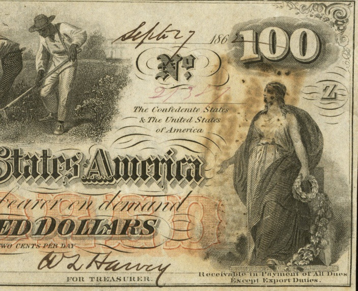 T-41 $100 1862 Confederate States Banknote Civil War Watermark Currency ...