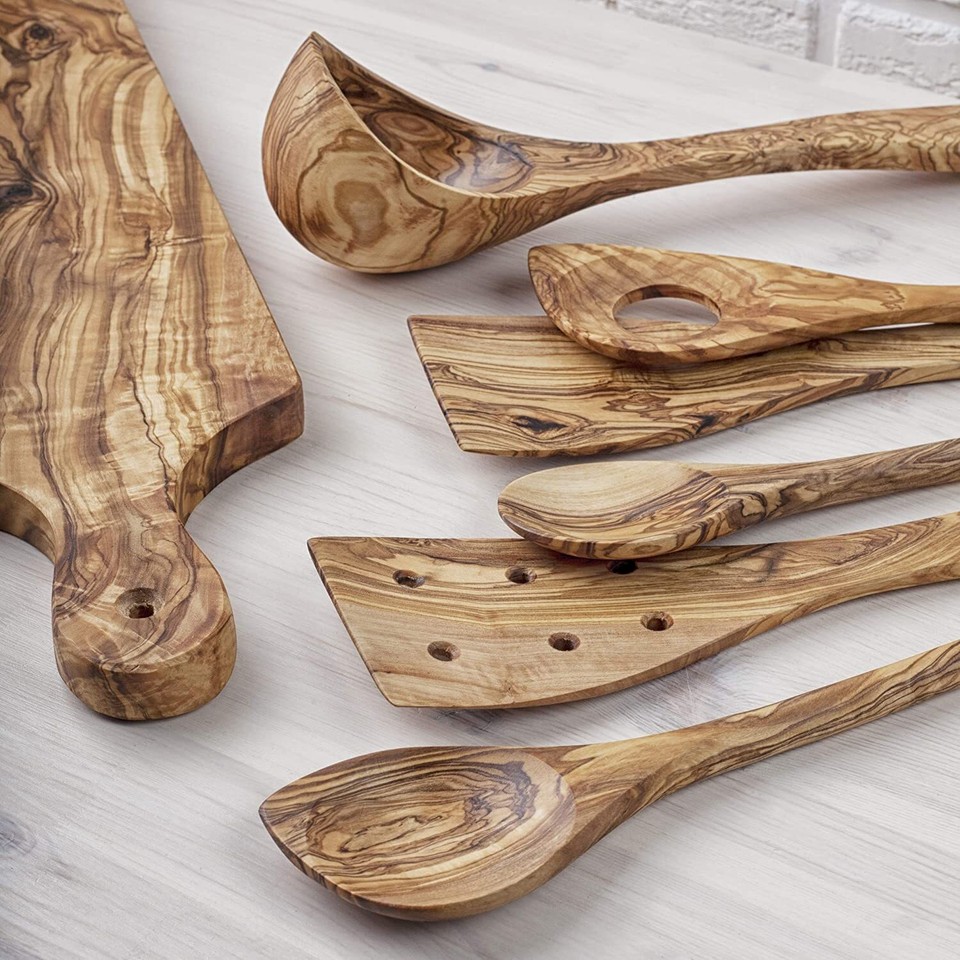 Olive Wood Utensils Set for Cooking 6Pcs, Wooden Kitchen Utensil Set ...