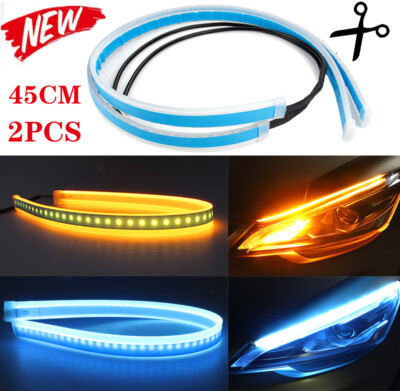 2X 45CM Ice Blue Amber Soft Flexible LED DRL Flow Turn Signal Headlight ...