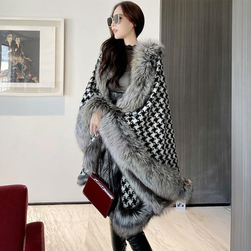 Warm Women Winter Thick Houndstooth Loose Poncho Pendulum Shawl Fur Cape Gift | eBay
